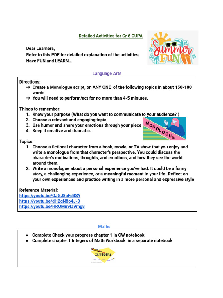 Grade 6 CUPA-Summer Fun | PDF | Learning | Experience