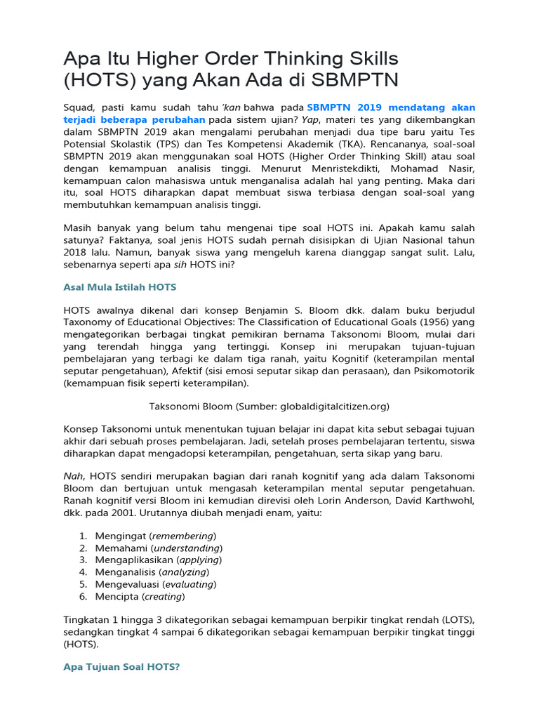 Apa Itu Higher Order Thinking Skills | PDF