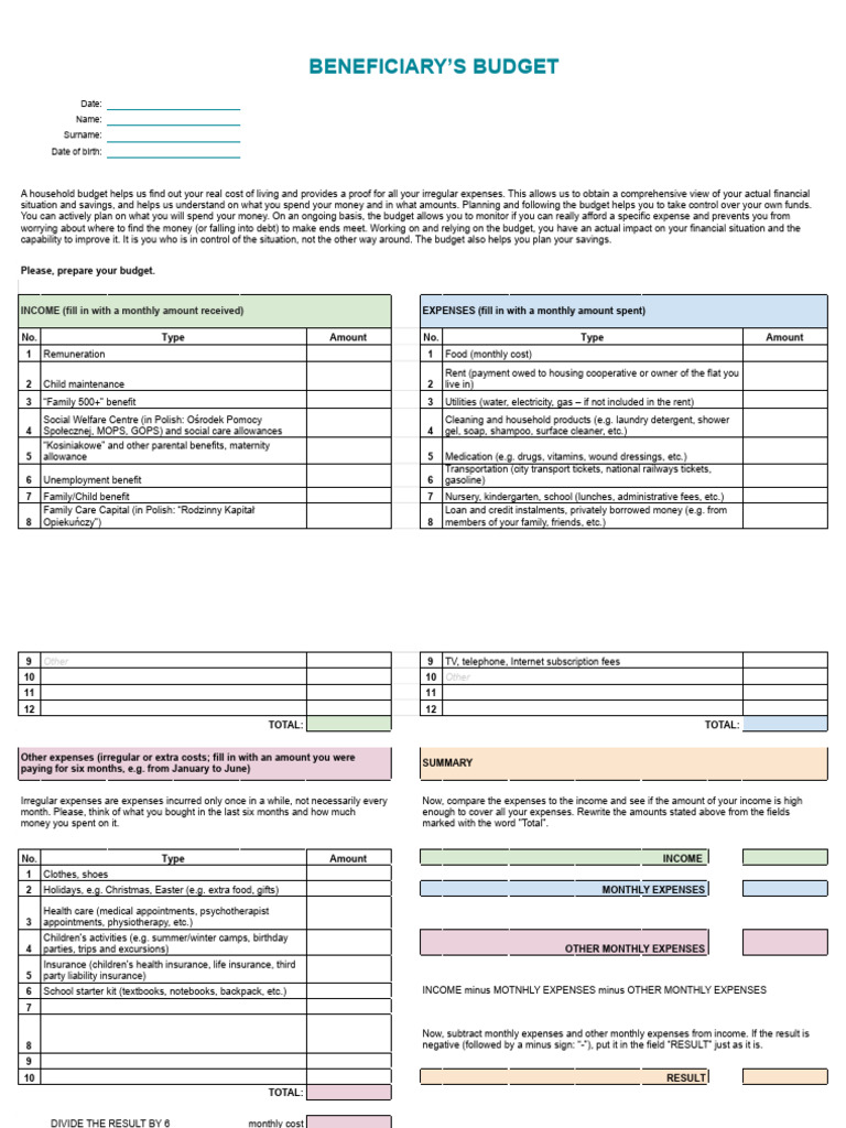 2023-05-07 Budżet Podopiecznej - Eng - Beneficiary's Budget | PDF ...
