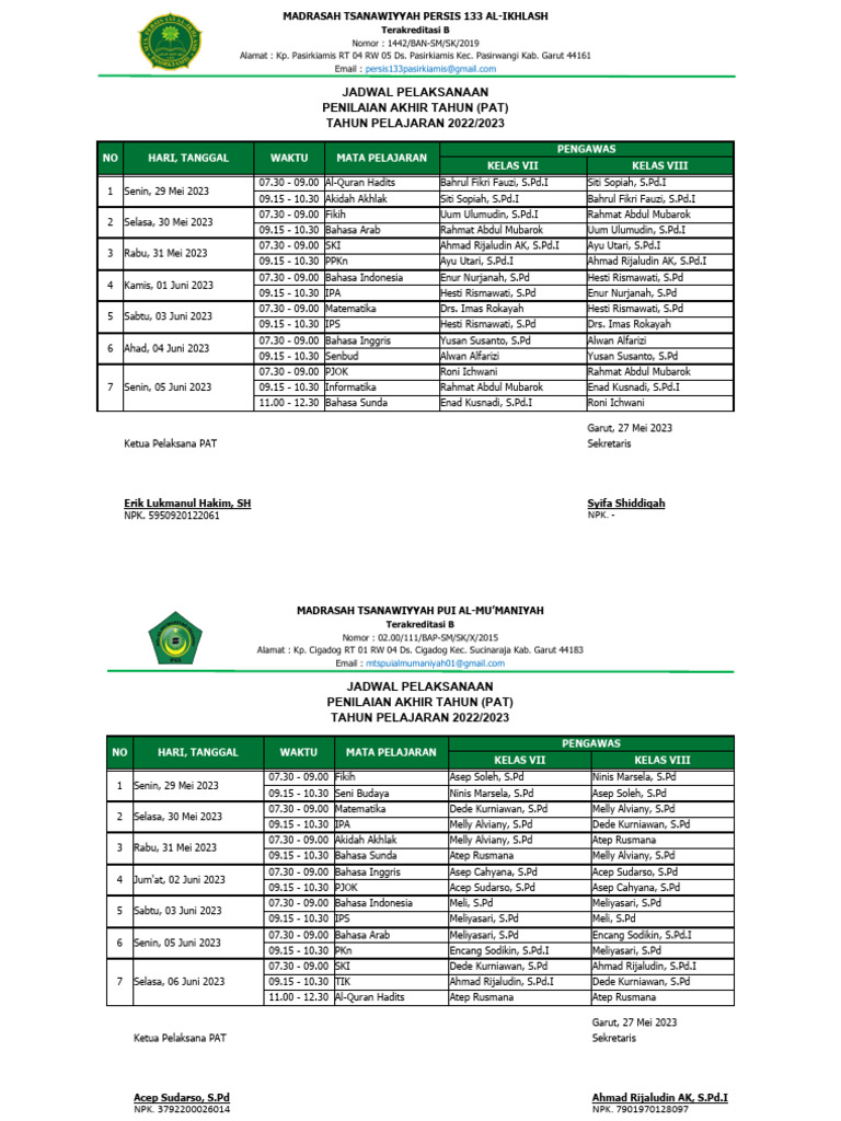 5 Jadwal Pelaksanaan PAT 2022-2023 | PDF