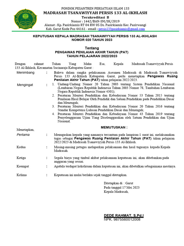 4 SK Pengawas PAT Tahun 2023 | PDF