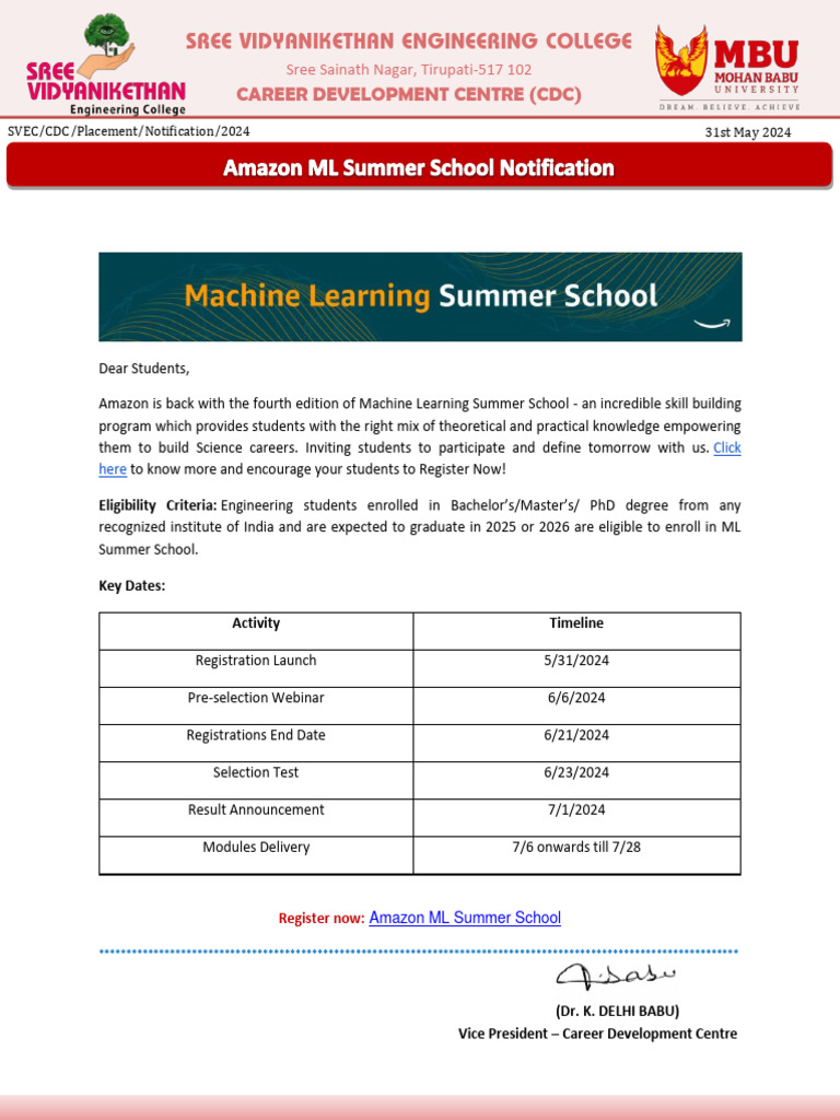 Amazon ML Summer School - India - Notification | PDF