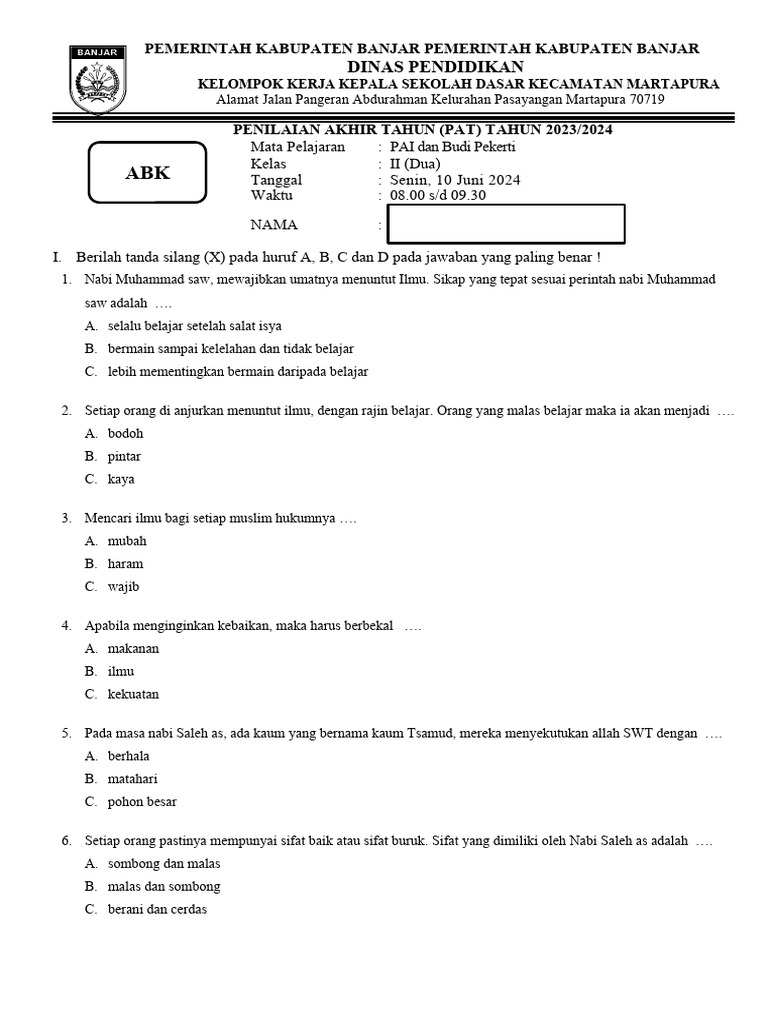 Soal Pat Pai Kelas II 2024 Abk | PDF