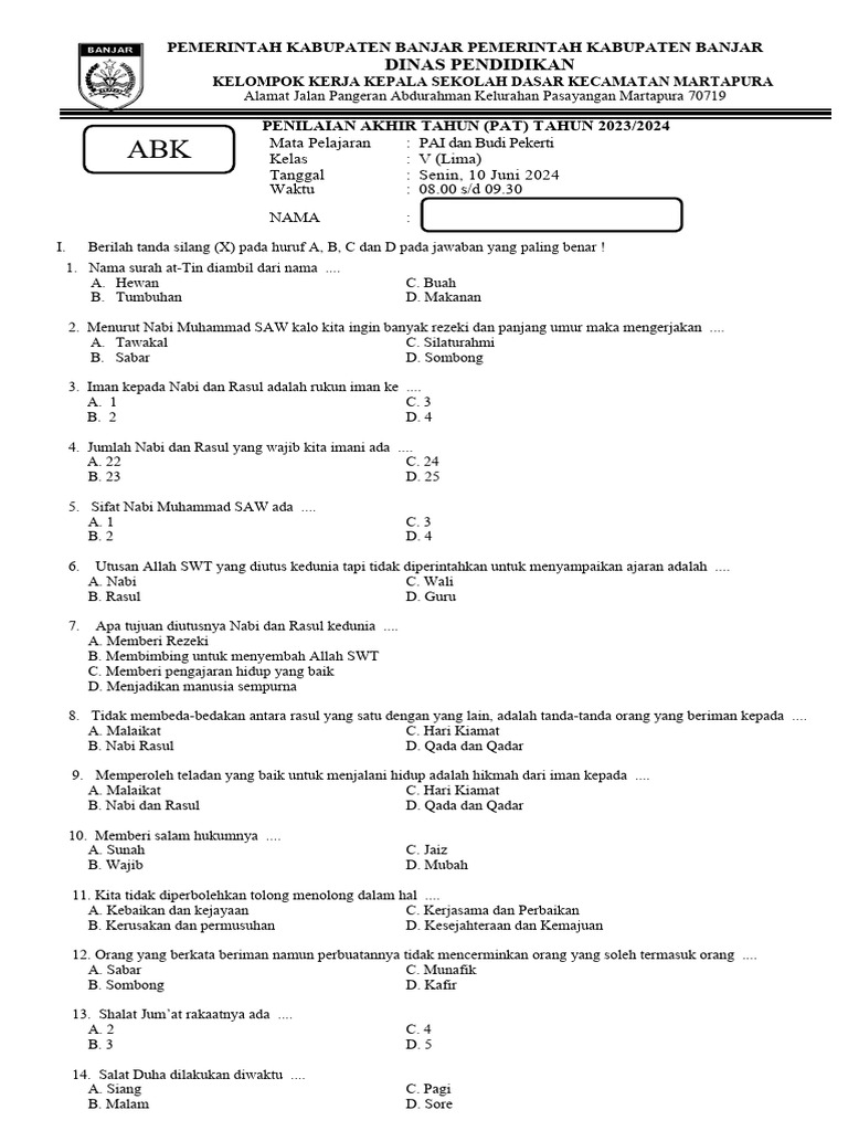 Soal Pat Pai Kelas IV 2024 Abk | PDF