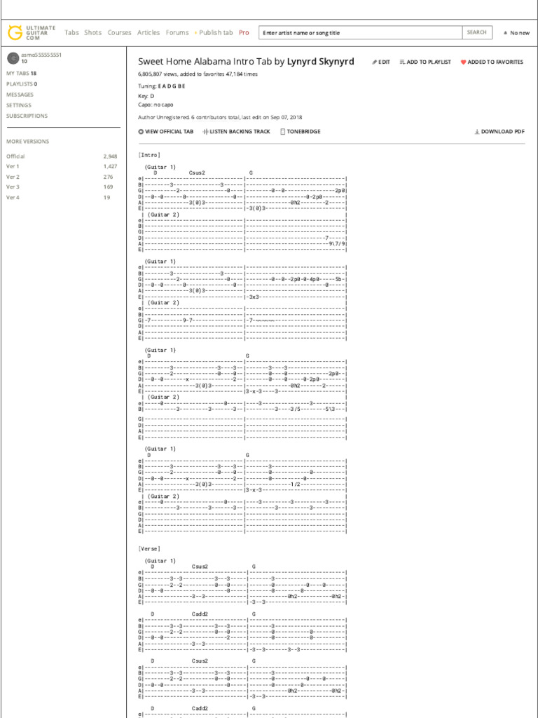 Sweet Home Alabama Tab Guide | PDF