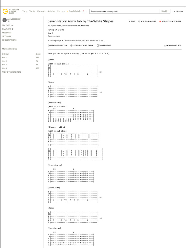 SEVEN NATION ARMY TAB (Ver 7) by The White Stripes @ | PDF | Song ...