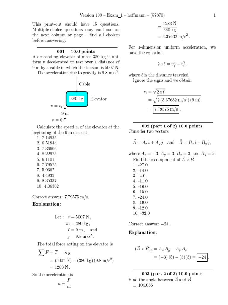 Exam - 1 Phy 1 Hoffmann Spring13 | PDF | Force | Tension (Physics)