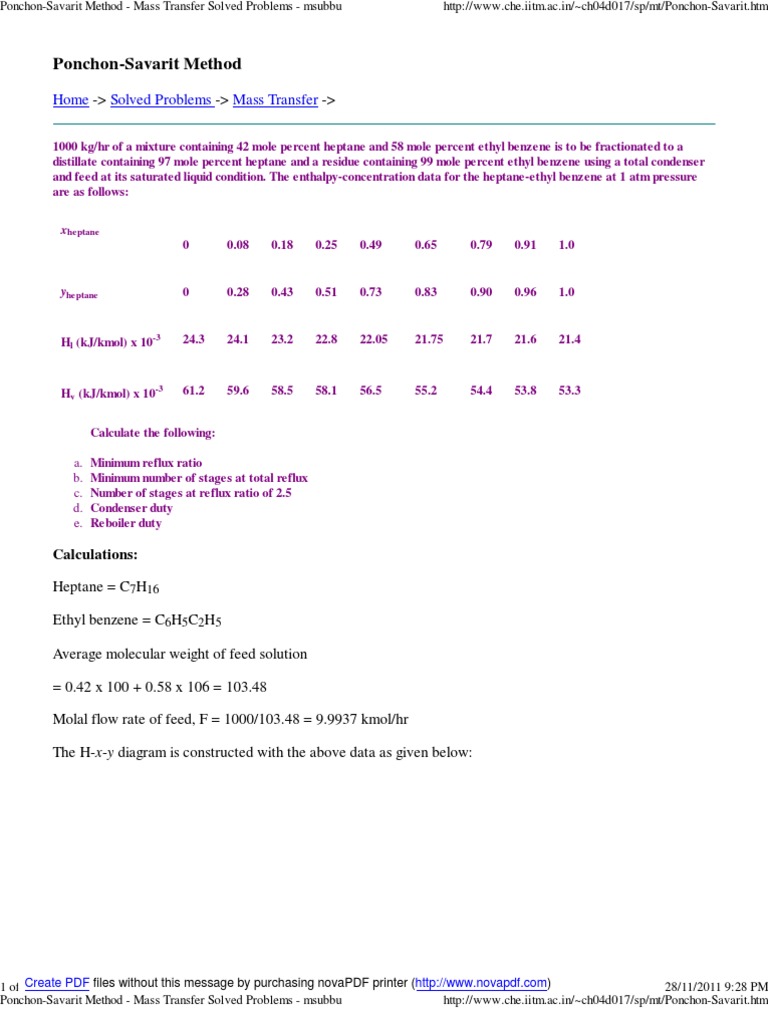 Ponchon-Savarit Method Calculations | PDF | Distillation | Chemistry