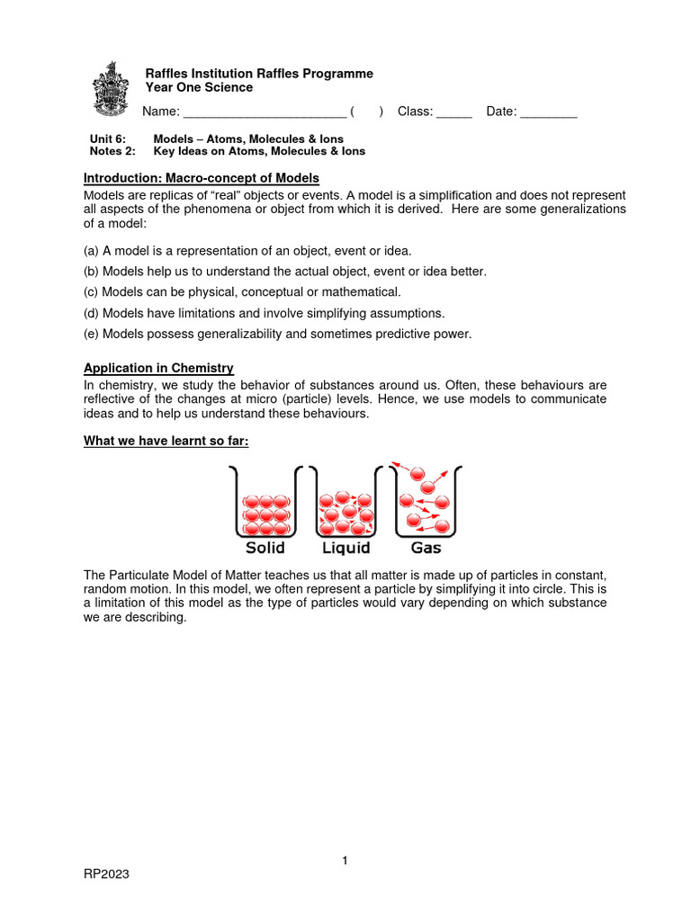2023 Lesson Notes 2 - Atoms Molecules Ions | PDF | Chemical Bond ...