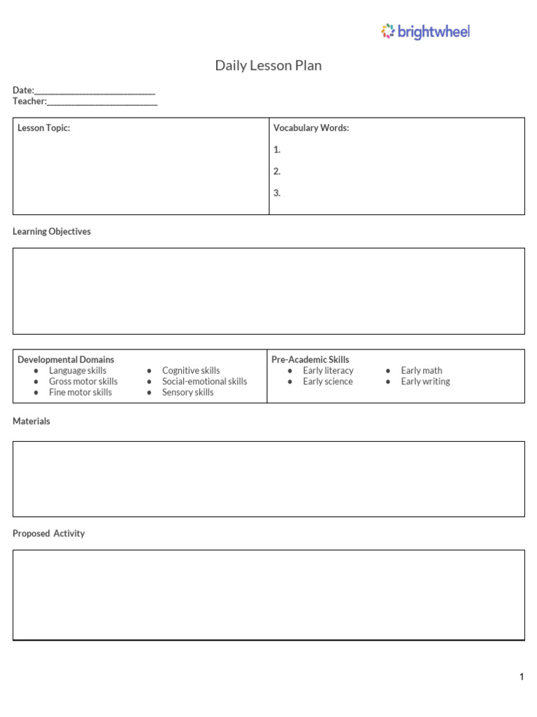 Daily Lesson Plan Template - brightwheel | PDF