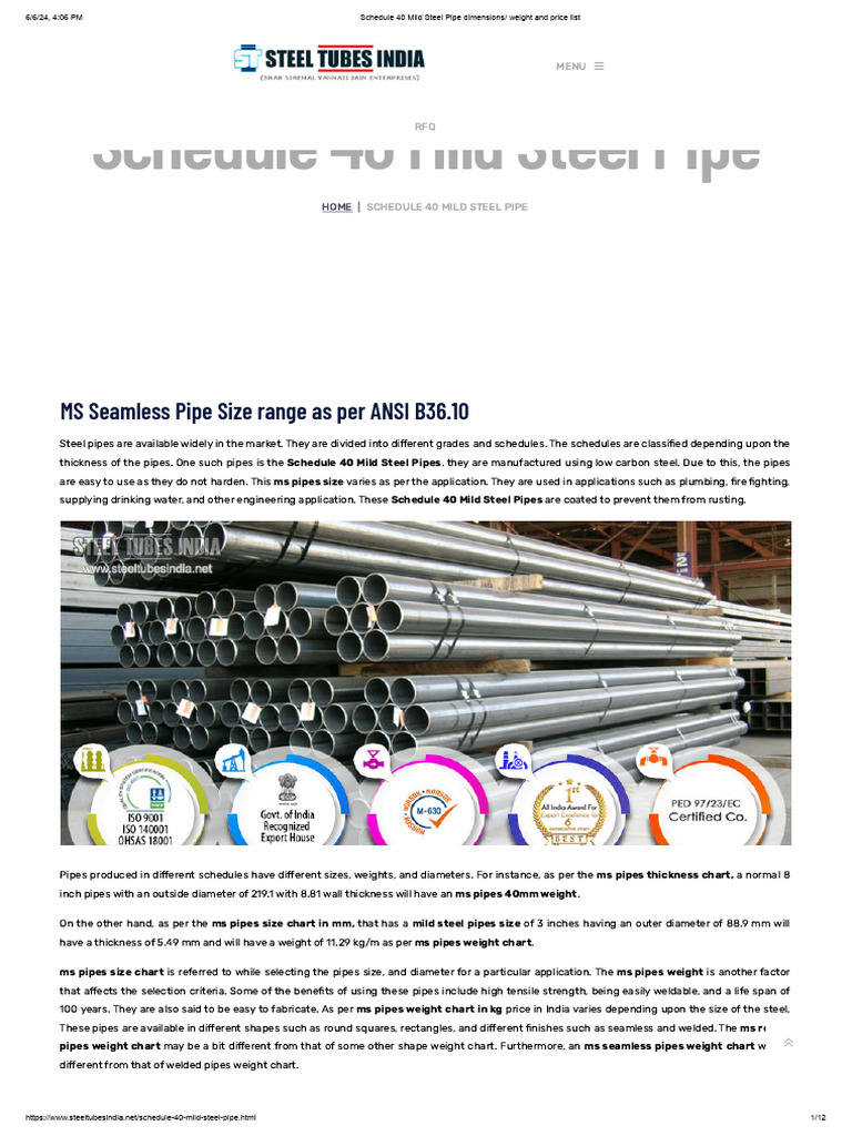 Schedule 40 Mild Steel Pipe Dimensions_ Weight and Price List | Download Free PDF | Pipe (Fluid ...