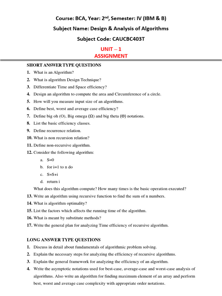 Unit - 1 Assignment | Download Free PDF | Algorithms | Recurrence Relation Unit - 1 Assignment | Download Free PDF | Algorithms | Recurrence Relation