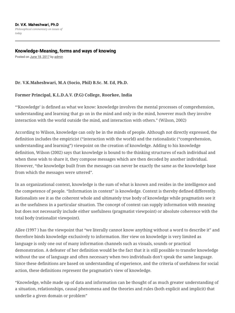 Knowledge-Meaning, Forms and Ways of Knowing - Dr. V.K. Maheshwari, PH ...