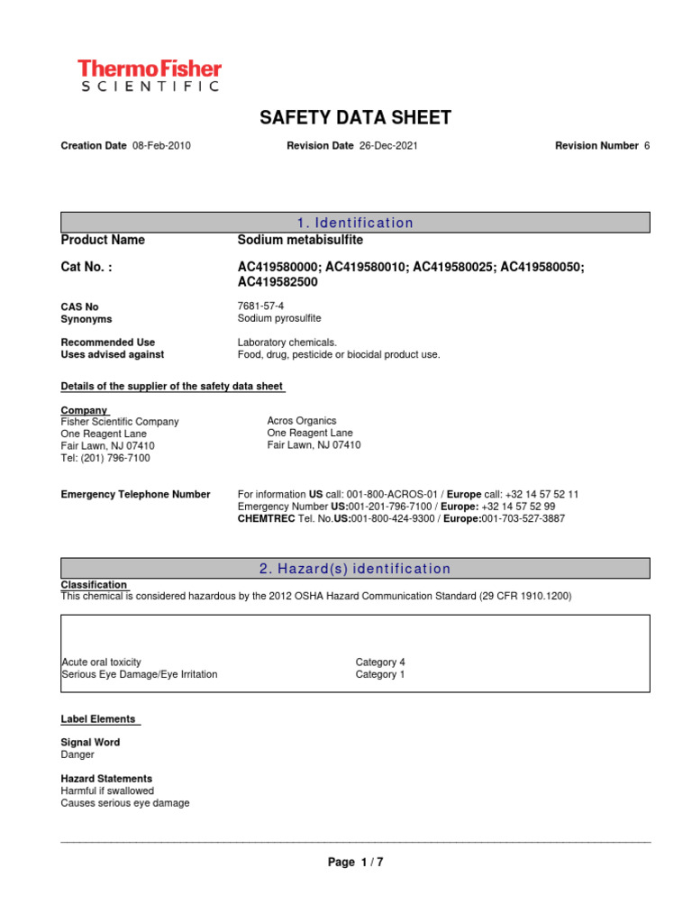 SODIUM-METABISULFITE-FO-250GR | PDF | Personal Protective Equipment ...