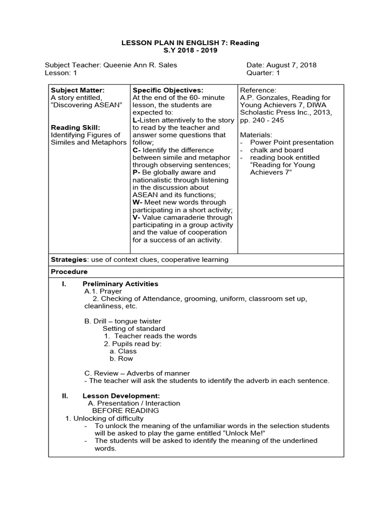 English 7 Lesson Plan: ASEAN Reading Skills | PDF | Lesson Plan | Teachers