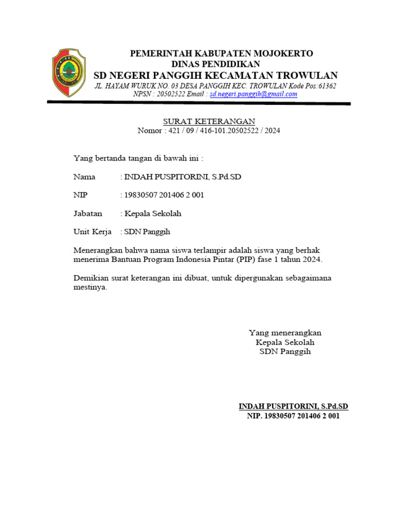 Contoh Surat Keterangan PIP | PDF