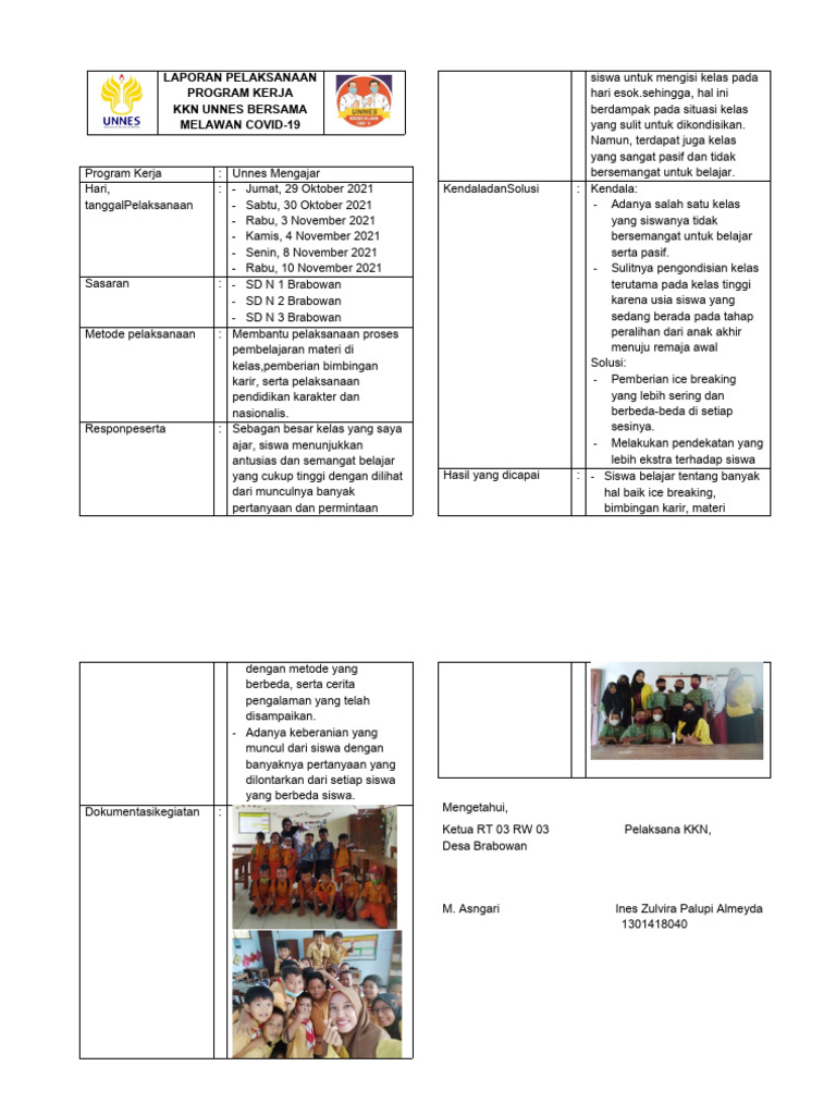 Laporan Kegiatan Unnes Mengajar - KKN BMC 2 | PDF