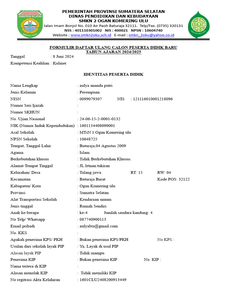 FORMULIR DAFTAR ULANG PPDB Aulya Ananda Putri | PDF | Gaya Hidup