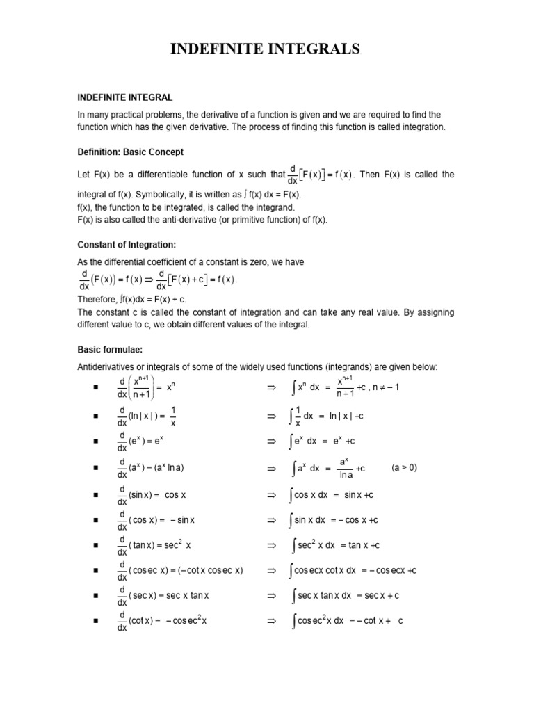 Indefinite Integrals Explained | PDF | Integral | Mathematical Objects