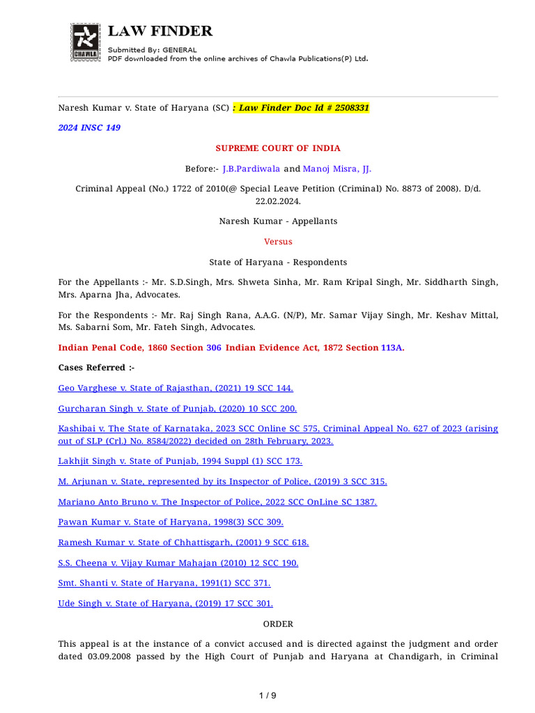 Naresh Kumar v. State of Haryana (SC) | PDF | Aiding And Abetting | Mens Rea