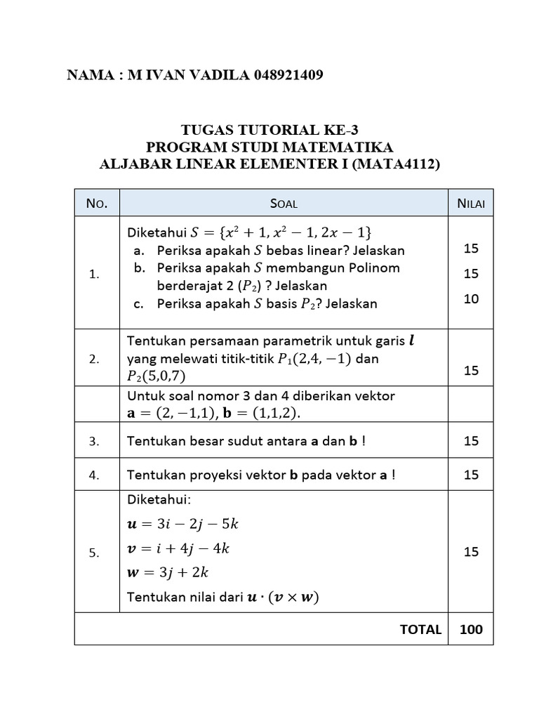 Tugas 3 Aljabar Linear Elementer I MATA4112 | PDF | Metode & Bahan Ajar