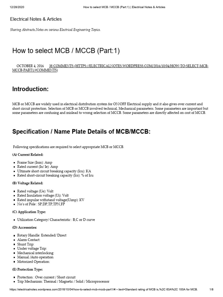 How To Select MCB - MCCB (Part - 1) - Electrical Notes & Articles | PDF ...