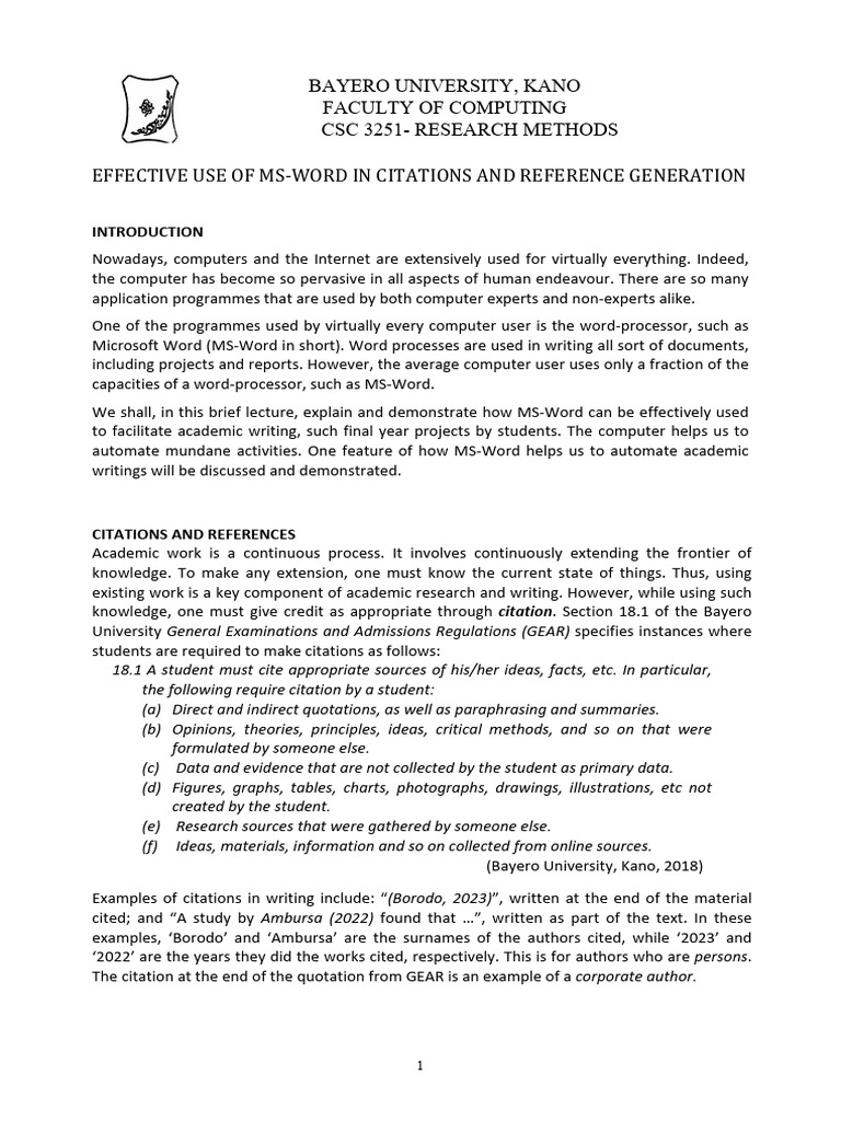 CSC3251 Research Methods - Use of MS-Word in Citations & References ...