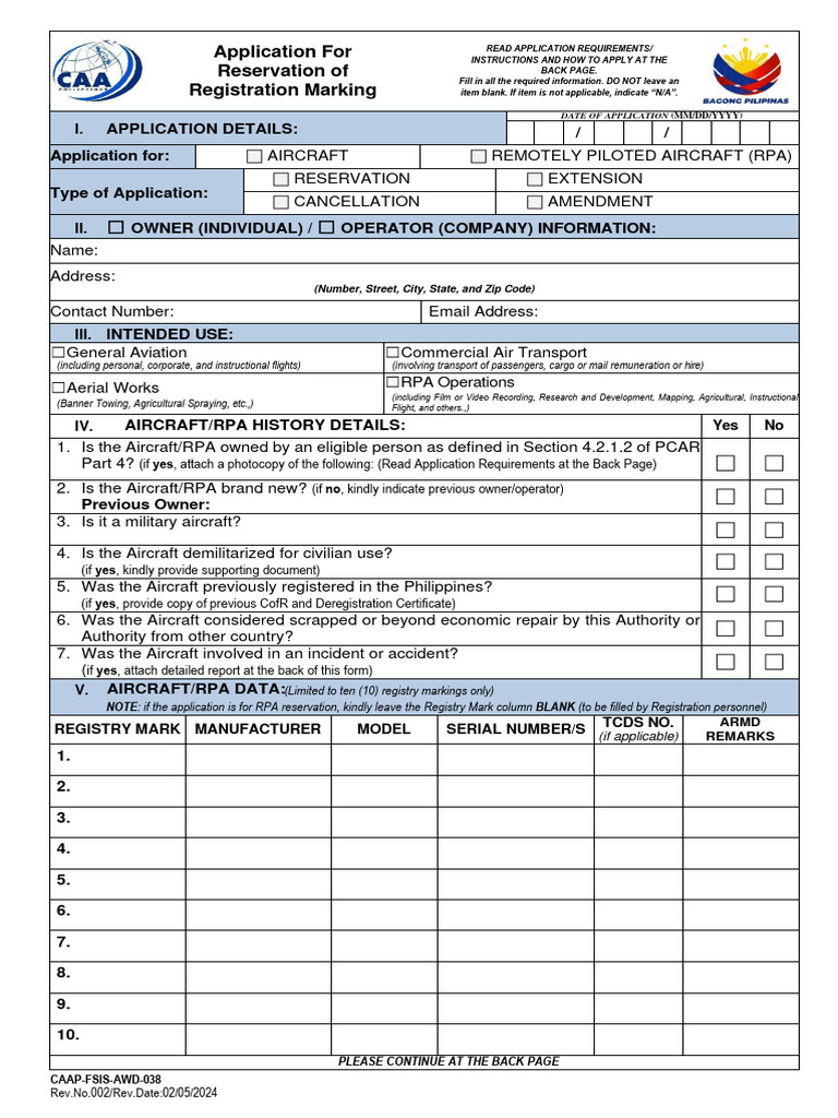 Application For Reservation of Registration Marking (CAAP-FSIS-AWD-038 ...