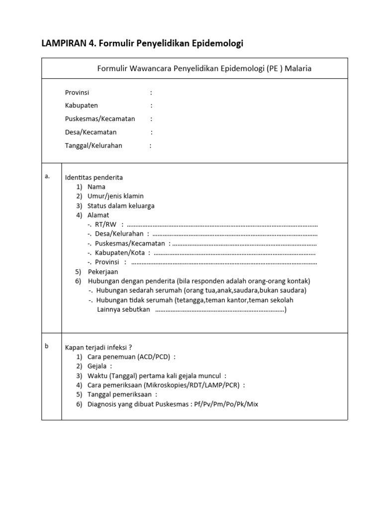 Form Penyelidikan Epidemologi (PE) Malaria | PDF
