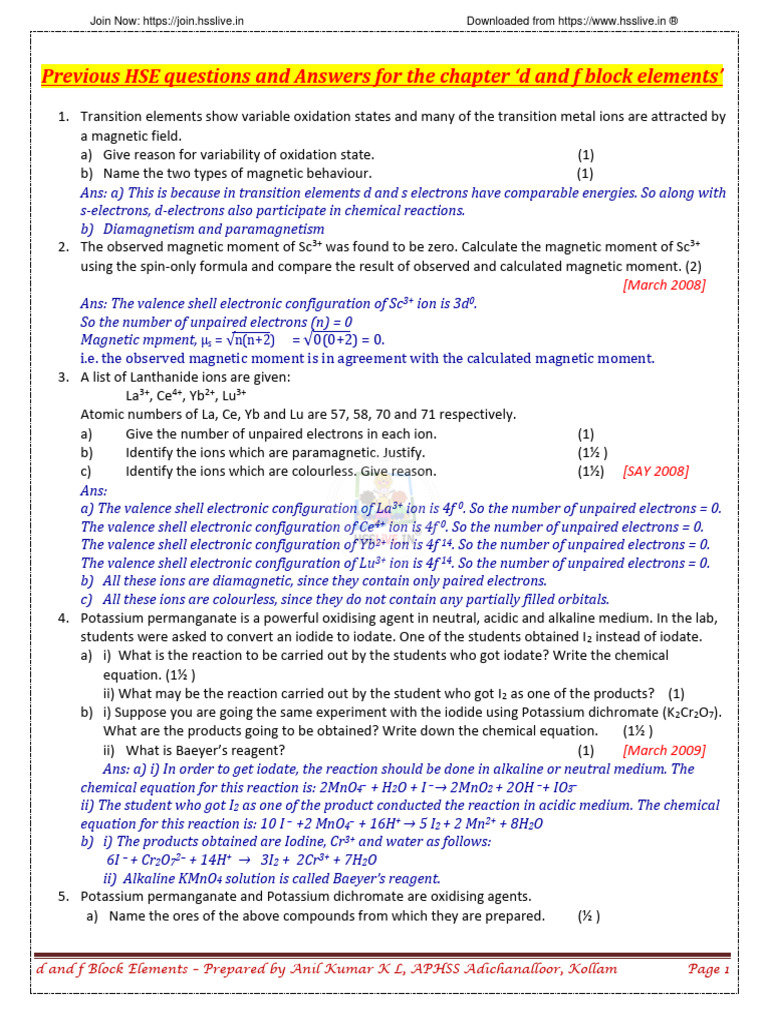 Hsslive-Xi-Chem-Pyq-Ans-4. D and F Block Elements | PDF | Transition Metals | Lanthanide