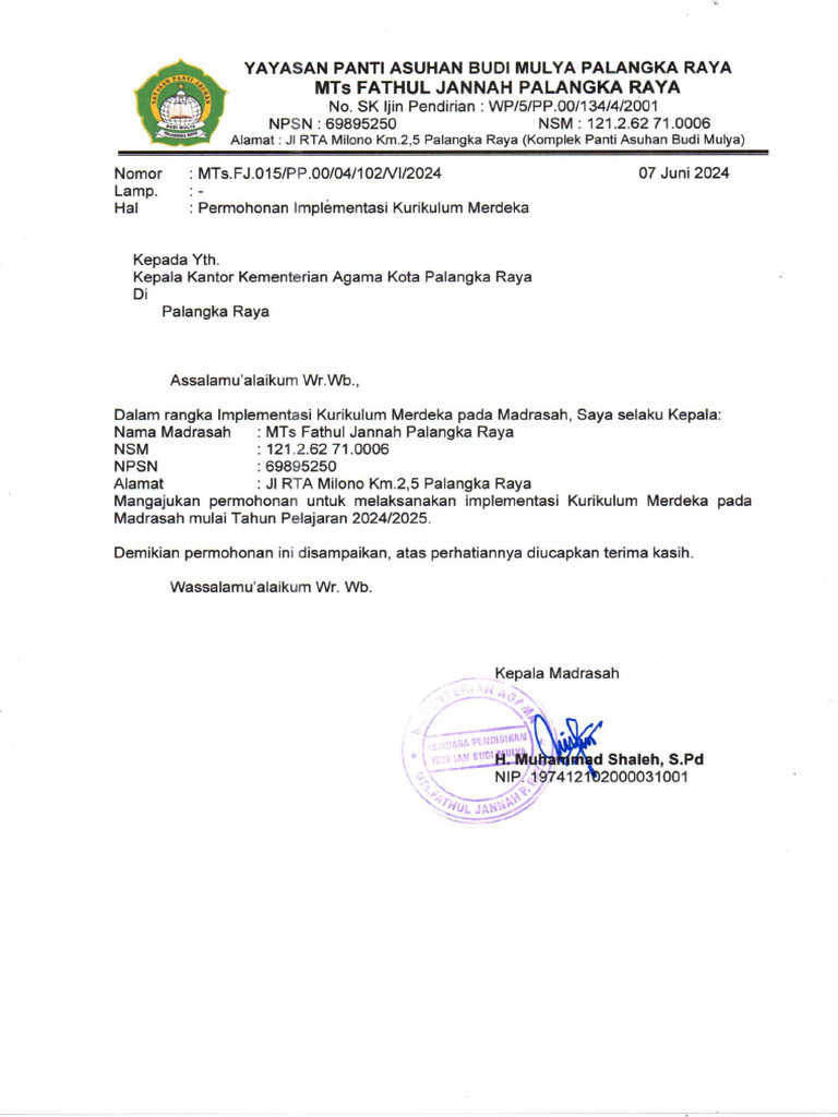 Surat Permohonan Implementasi Kurikulum Merdeka | PDF