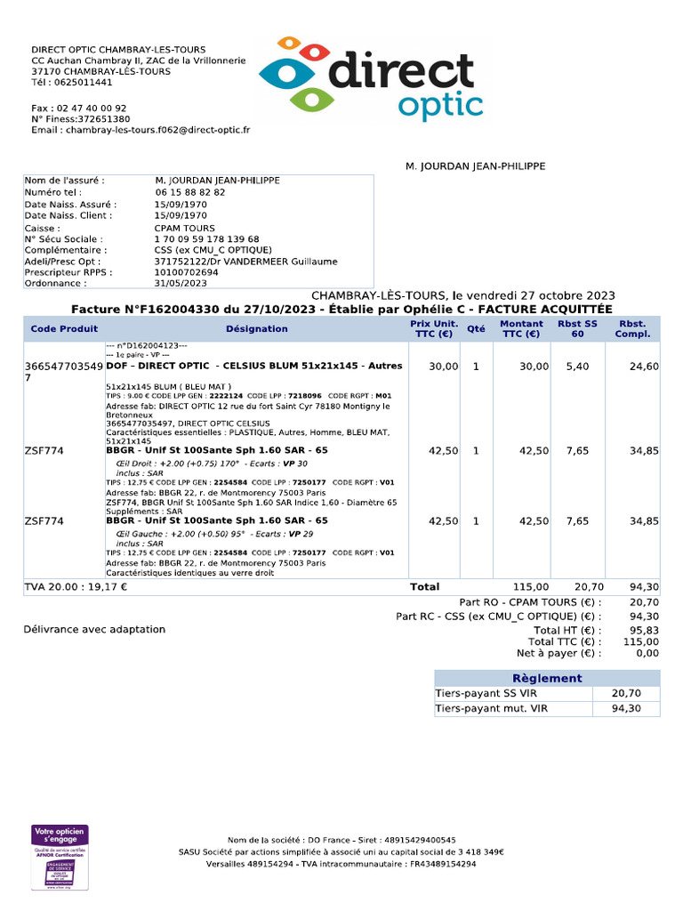 facture lunette jp direct optic | PDF