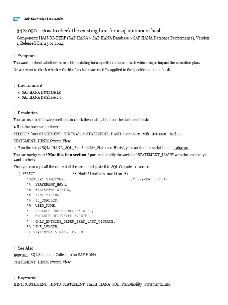 How To Check The Existing Hint For A SQL Statement Hash | PDF | Computers