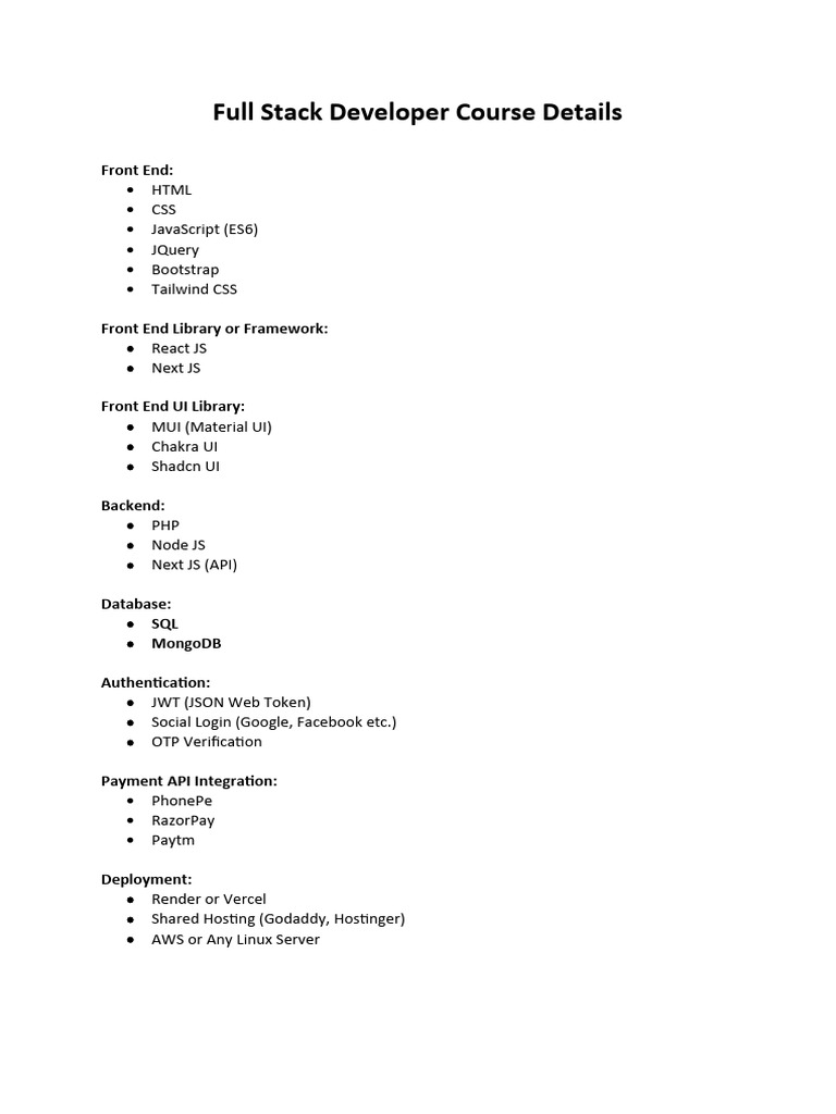 Full Stack Developer Course Details | PDF | Technology & Engineering