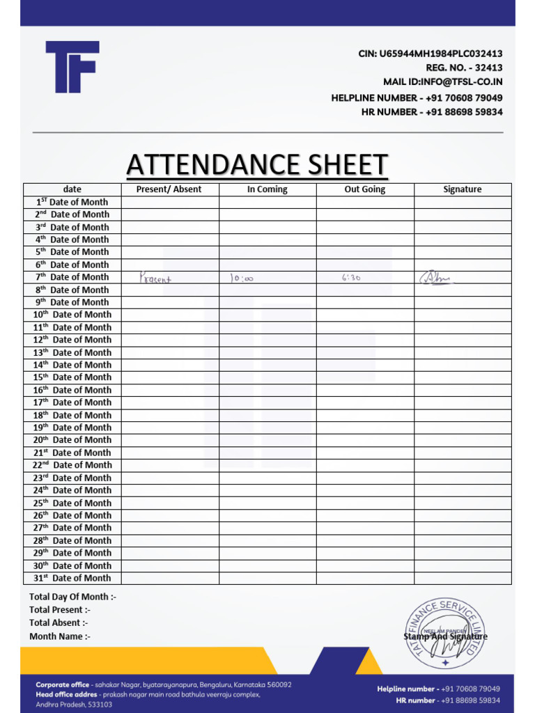 TATA FINANCE SERVICE LIMITED TFSL ATTENDANCE SHEET 2024 - 2025 | PDF