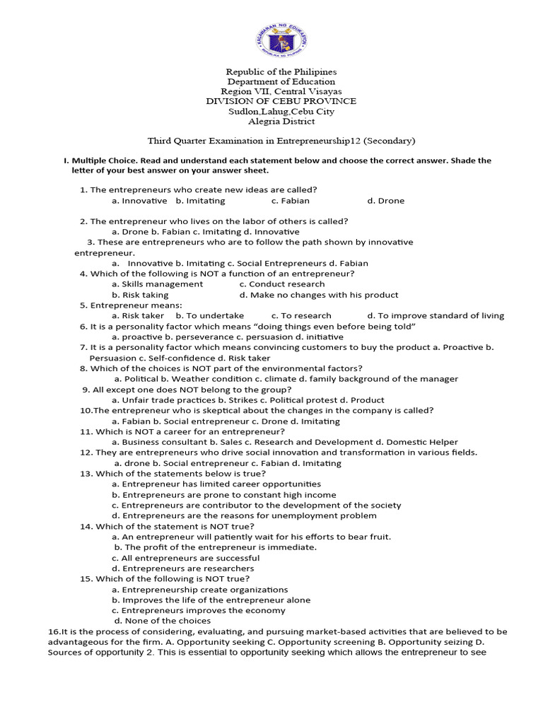 Summative Exam (Entrepreneurship) Grade 12 | PDF | Entrepreneurship ...