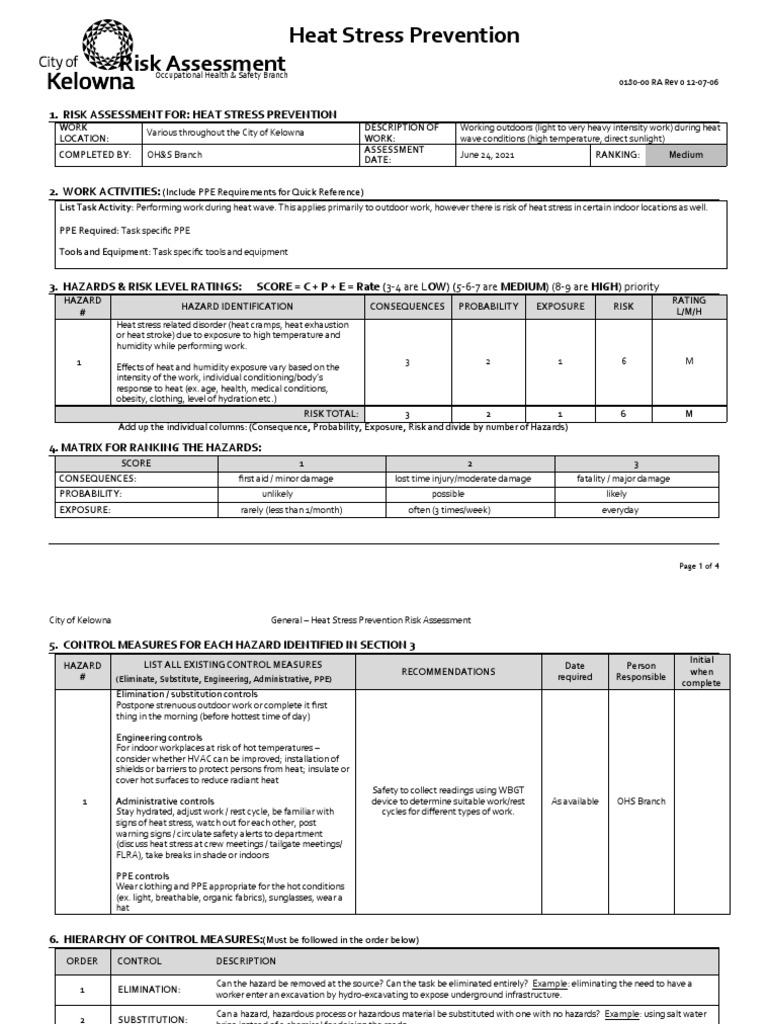 General Heat Stress Prevention Risk Assessment | PDF | Personal ...