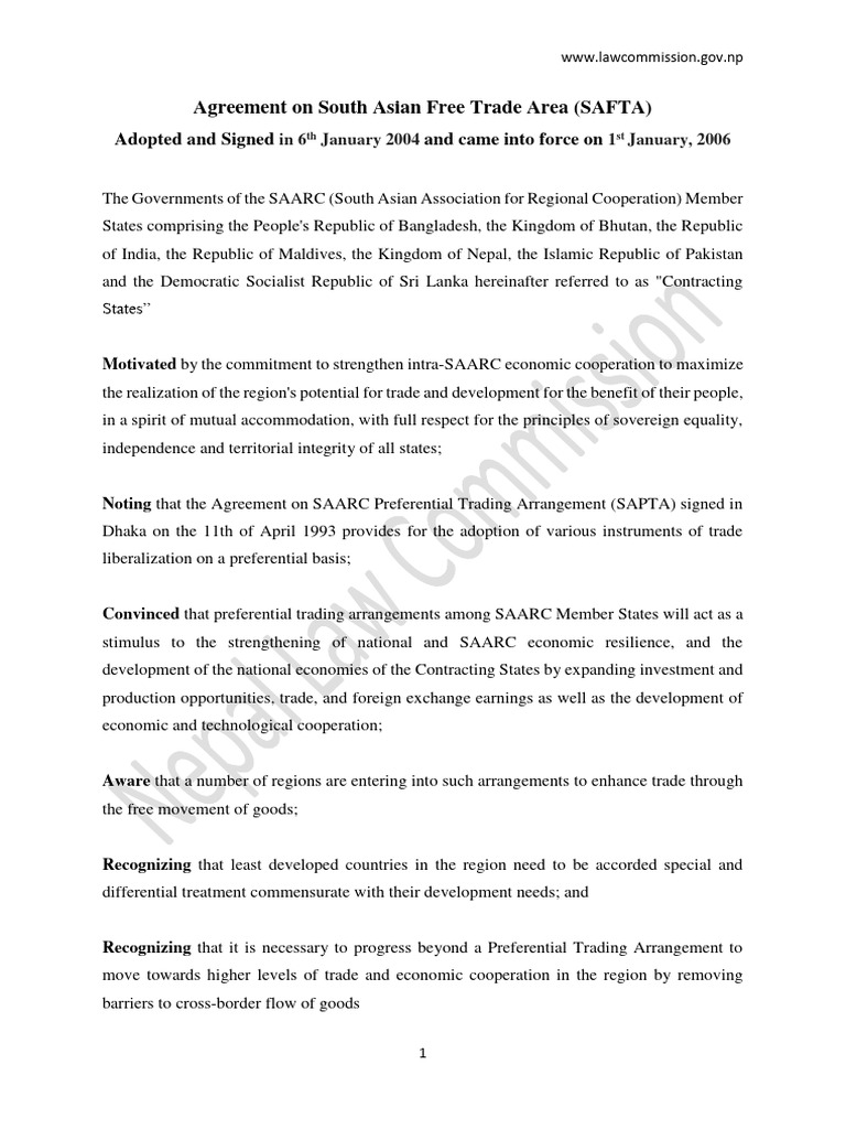 Agreement On South Asian Free Trade Area SAFTA | PDF | Tariff | Economies