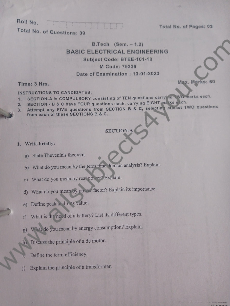bee - jan2023 question paper | PDF | Electrical Network | Materials Science