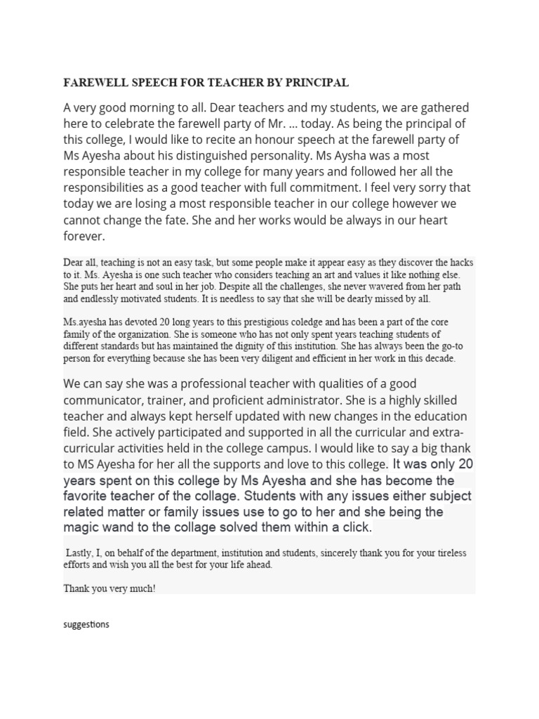 FAREWELL SPEECH FOR TEACHER BY PRINCIPAL | PDF