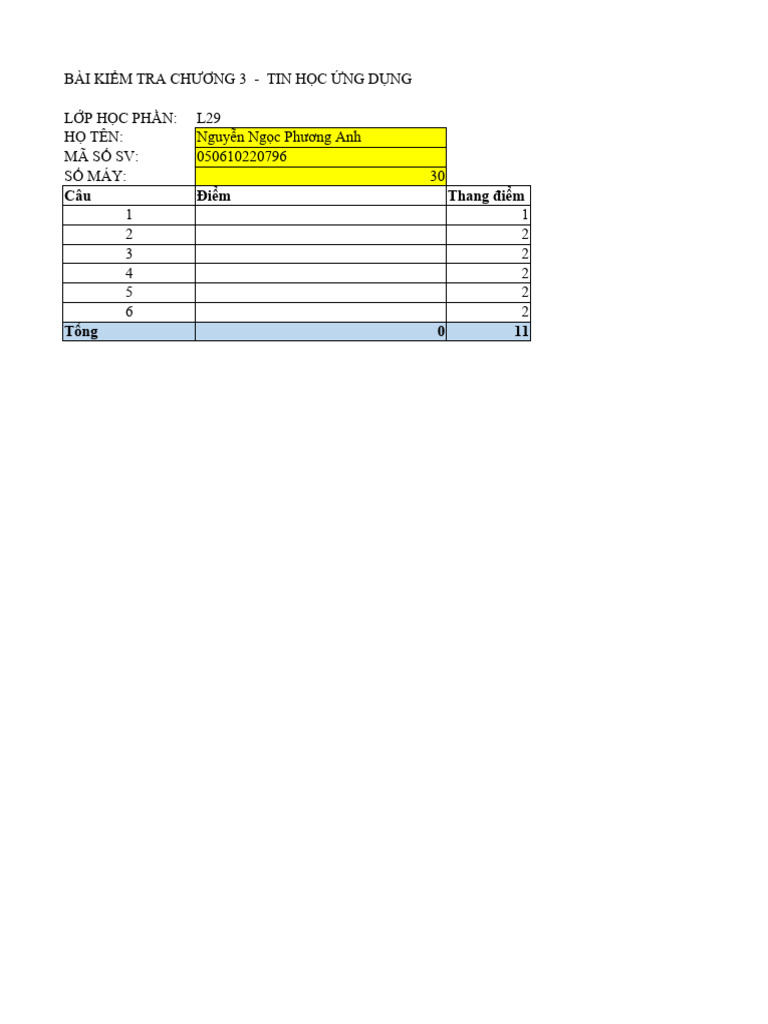 THUD L29 KiemTra Chuong3 De2024.Xlsx1 | PDF