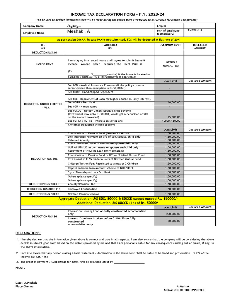 Income Tax Declaration Form 2023-24 | PDF | Life Insurance | Money