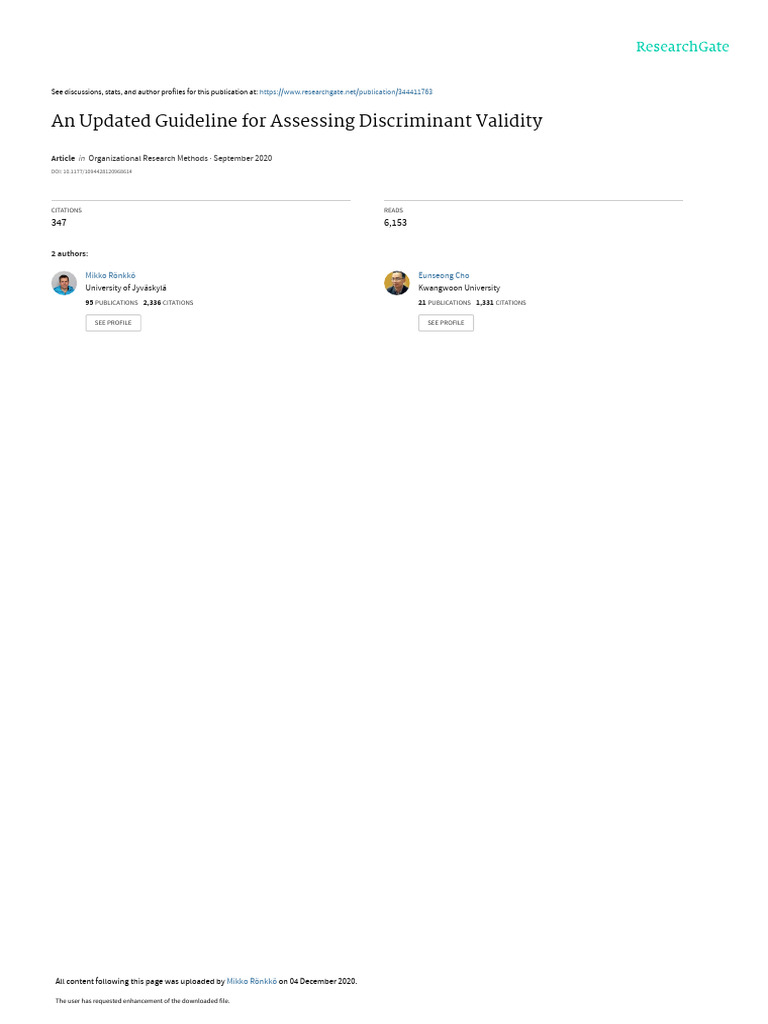 An Updated Guideline For Assessing Discriminant Validity: Organizational Research Methods ...