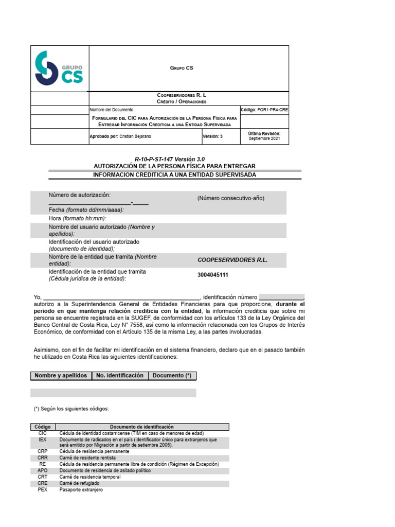 Autorización CIC para Información Crediticia | PDF | Documento de identidad