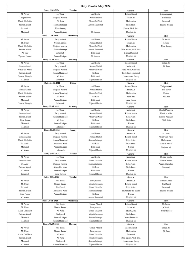 Duty Schedule 21 30 May - 2024 | PDF