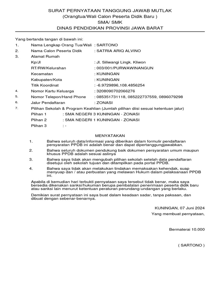Surat Pernyataan Tanggung Jawab Mutlak - Satria Ariq Alvino | PDF