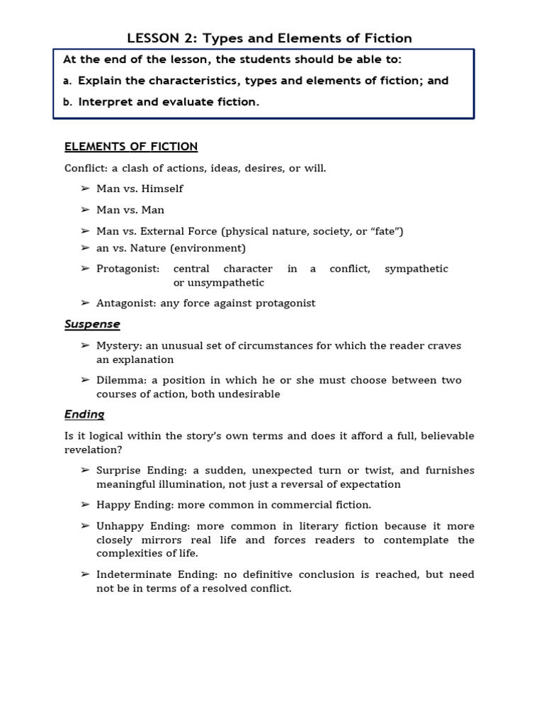 Lesson 2 Elements of Fiction | PDF | Romance Novels | Narration