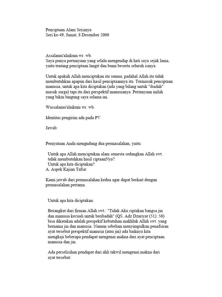 Alasan Penciptaan Alam Seisinya | PDF