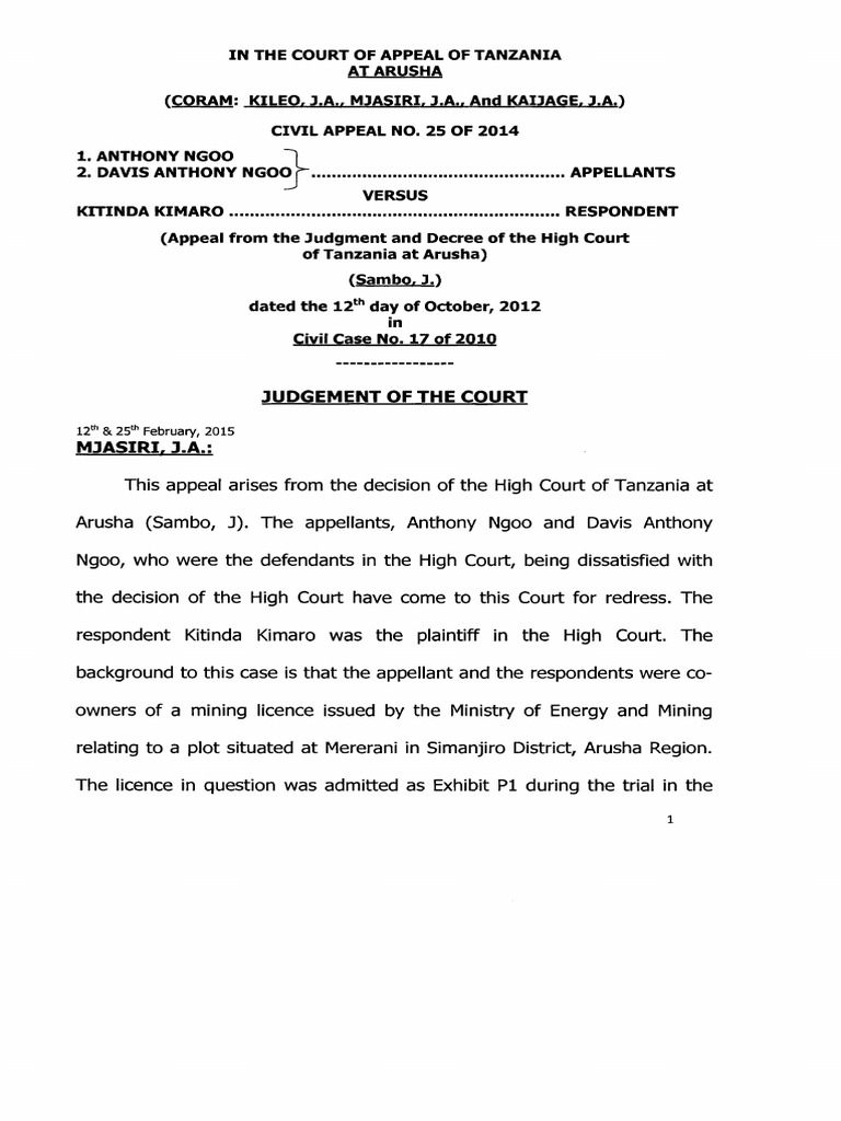 Anthony Ngoo Another Vs Kitinda Kimaro (Civil Appeal 25 of 2014) 2015 ...