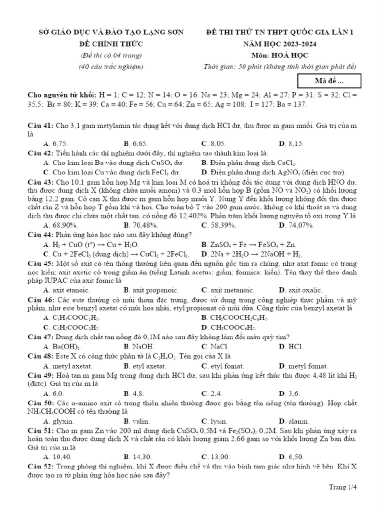 39 de Thi Thu TN THPT 2024 So GDDT Lang Son Lan 1 File Word Co Loi Giaidocx - 1600 - PDF ...